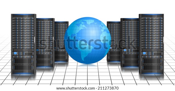 Row Servers Globe Illustration Global Internet 스톡 벡터(로열티 프리) 211273870 ...