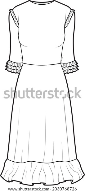 Ruffle Dress Flat Sketch Vector Stock Vector (Royalty Free) 2030768726 ...