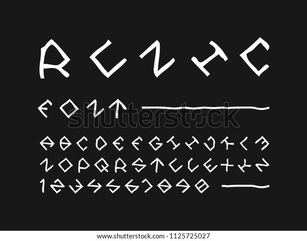 Runic font. Vector alphabet letters and numbers. Typeface design.