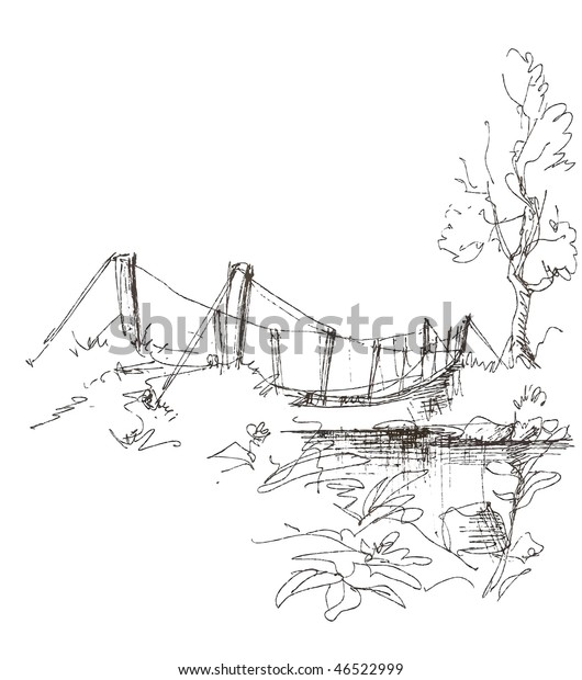 Rural Bridge Over River Landscape Stock Vector (Royalty Free) 46522999 ...