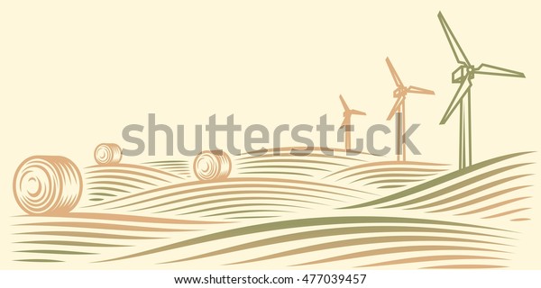 Rural Landscape Fields Haystacks Wind Turbines Stock Vector (Royalty ...