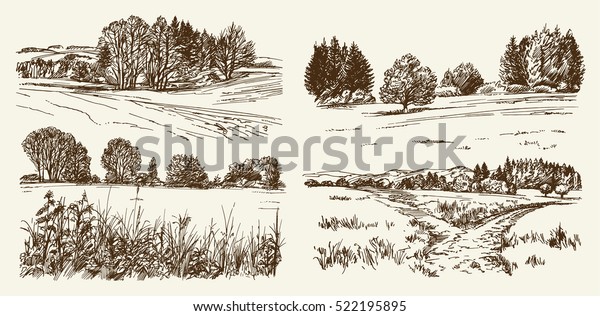 Rural Landscape Hand Drawn Set Stock Vector (Royalty Free) 522195895 ...