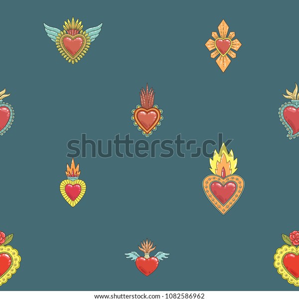 Sacred Mexican Heart Seamless Pattern Stock Vector (Royalty Free ...