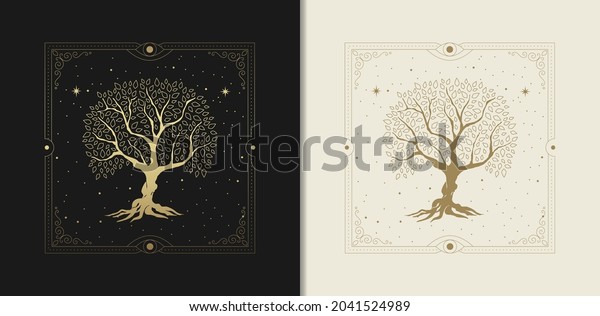 Sacred Tree Starry Night Engraving Hand Stock Vector (Royalty Free ...