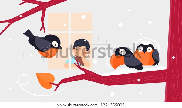 Sad Boy Looks Wintering Bird Bullfinch Stock Vector (Royalty Free ...