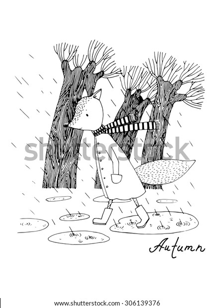 Sad fox walking in the rain. Hand drawing. Vector illustration