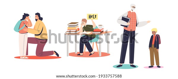 Sad School Children Set Crying Schoolgirl Stock Vector (Royalty Free ...