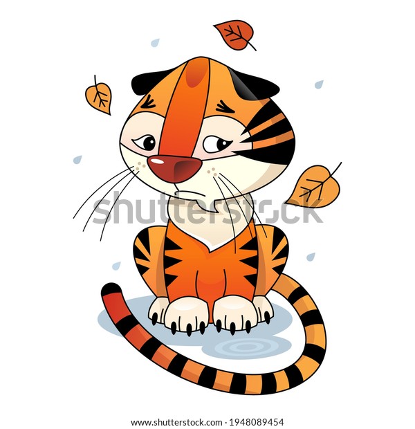 Sad Tiger Cub Sits Puddle Water Stock Vector (Royalty Free) 1948089454 ...