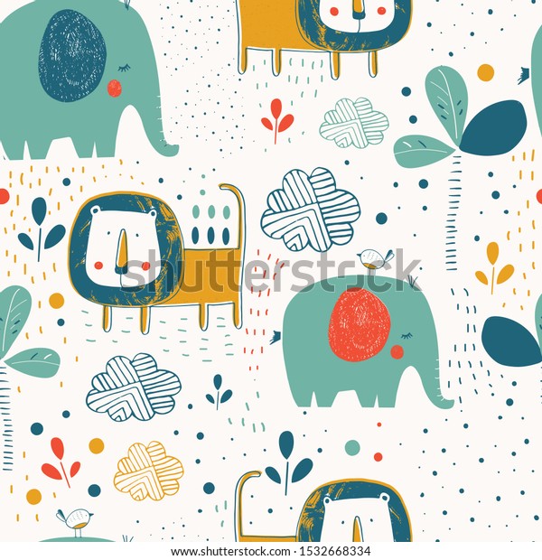 Safari Seamless Pattern Cute Elephants Lions Stock Vector (Royalty Free ...