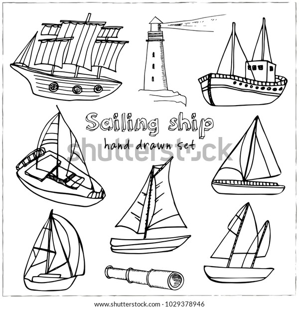 Sailing Ship Hand Drawn Doodle Set Stock Vector (Royalty Free) 1029378946