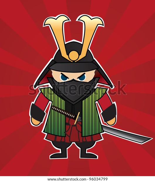 Samurai Cartoon Illustration On Red Sunburst Stock Vector (Royalty Free ...