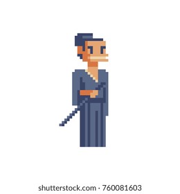 Vektor Stok Samurai Character Icon Pixel Art Japan (Tanpa Royalti ...