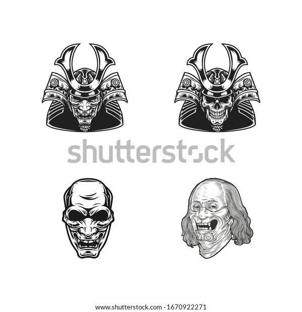 Samurai Heads Black White Vector 3 Stock Vector (Royalty Free ...