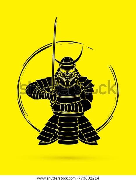 Samurai standing front view ready to fight graphic vector.