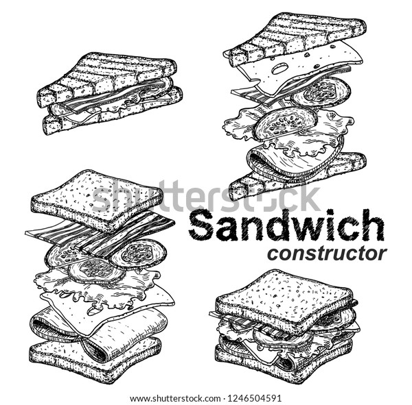 Sandwich constructor. Fast and street food drawing. Ham, cheese, tomato ...