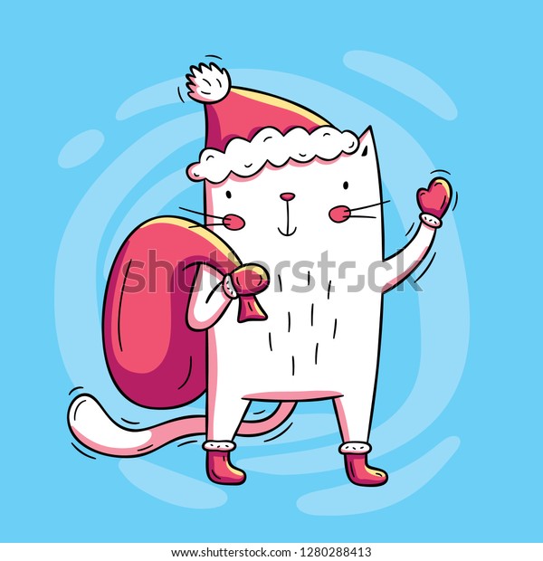 Santa Cat Doodle Cute White Cat Stock Vector (Royalty Free) 1280288413 ...
