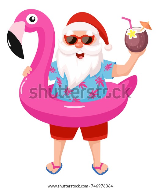 Santa Claus con anillo inflable flamingo. Navidad tropical. Ilustración ...