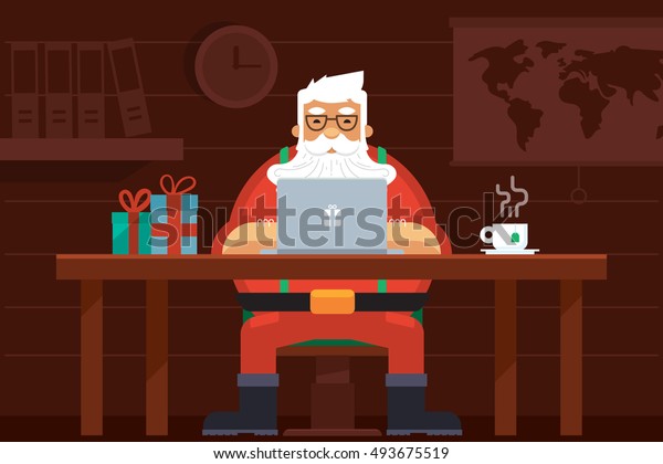 Santa Espaço de trabalho com Laptop, Caixas de Presentes, Chá, Mapa ...