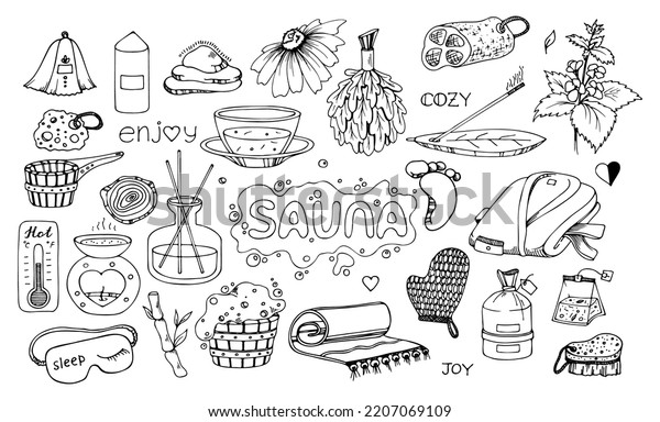 Sauna Doodle Set Hand Drawn Bathing Stock Vector (Royalty Free ...