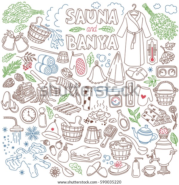 Sauna Doodle Set Hand Drawn Bathing Stock Vector (Royalty Free) 590035220