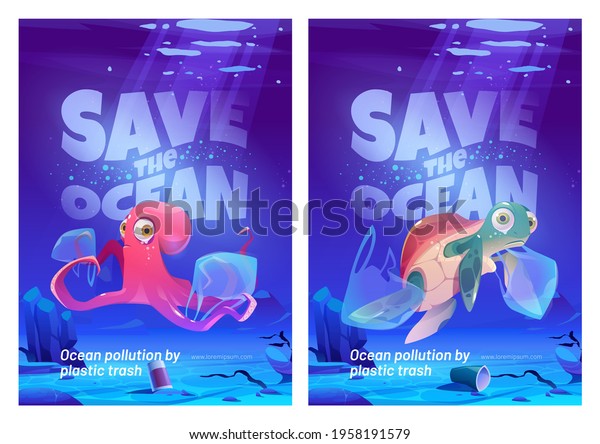Save Ocean Cartoon Posters Underwater Animals Stock Vector (Royalty ...