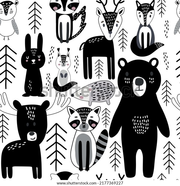Scandinavian Animals Seamless Pattern Hand Drawn Stock Vector (Royalty ...