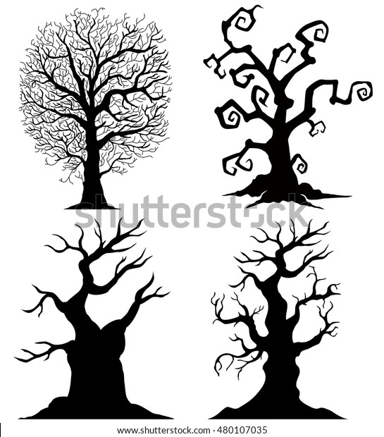 Scary tree silhouettes on the white background. Vector illustration