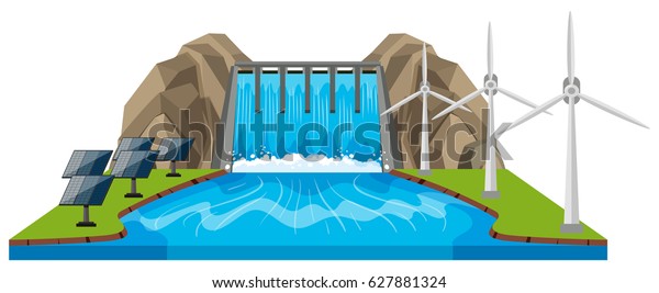 Scene Dam River Illustration Stock Vector (Royalty Free) 627881324