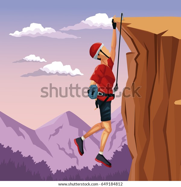 Scene Landscape Man Hanging On Cliff Stock Vector (Royalty Free ...