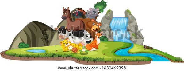Scene Many Wild Animals By Waterfall Stock Vector (Royalty Free ...
