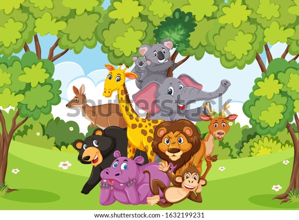 Scene Many Wild Animals Forest Illustration Stock Vector (Royalty Free ...