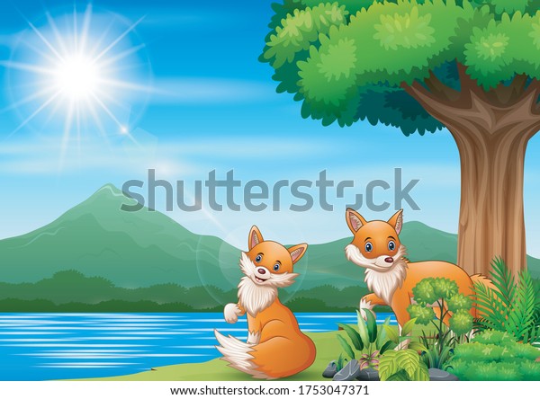 Scene Two Foxes By River: immagine vettoriale stock (royalty free) 1753047371 | Shutterstock