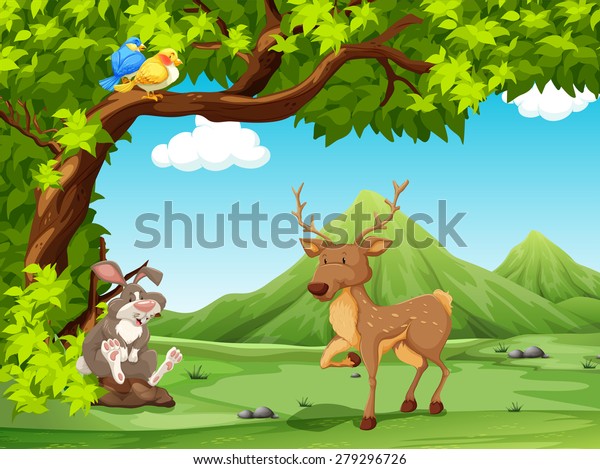 Scenery Animals Sitting Under Big Tree Stock Vector (Royalty Free ...