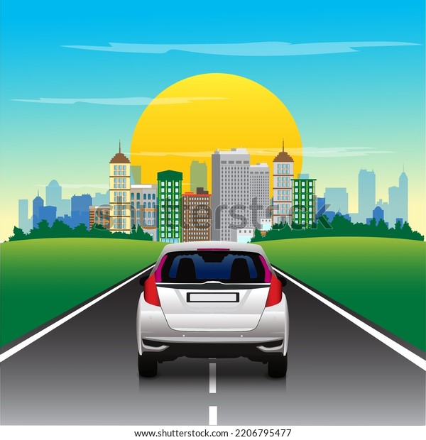Scenery Vector Illustration Car Running On Stock Vector (Royalty Free ...
