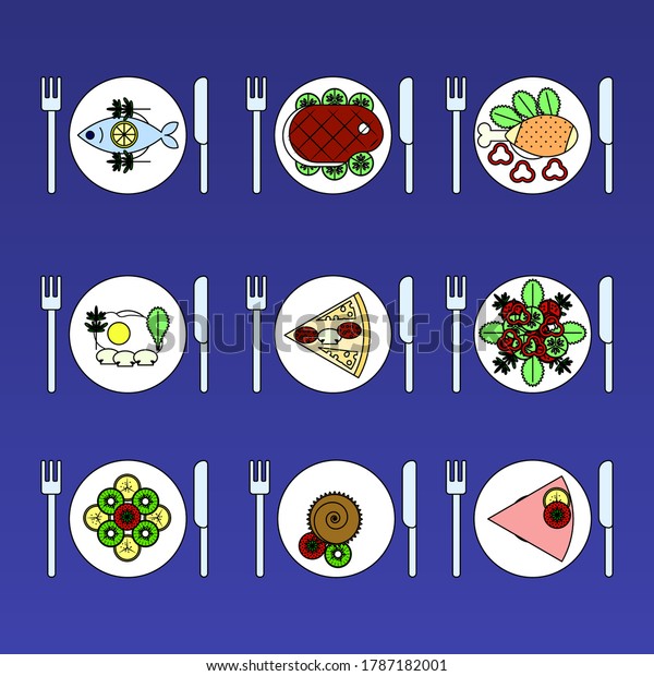 Schematic Representation Food Fruits Vegetables Set Stock Vector ...