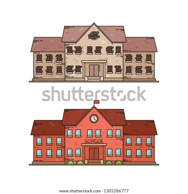 School Abandoned Repaired Flat Line Style Stock Vector (Royalty Free ...
