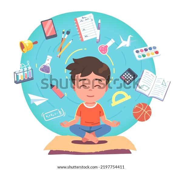 School Boy Meditating Supplies Floating Around Stock Vector (Royalty ...