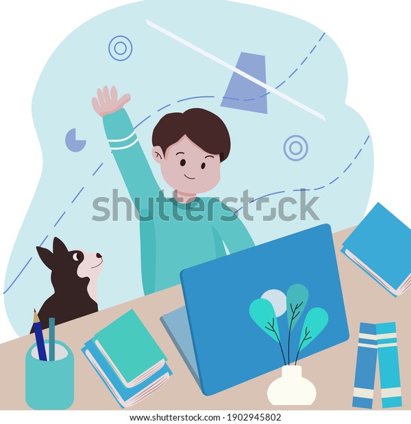 School Boy Raising Hand During Virtual Stock Vector (Royalty Free ...