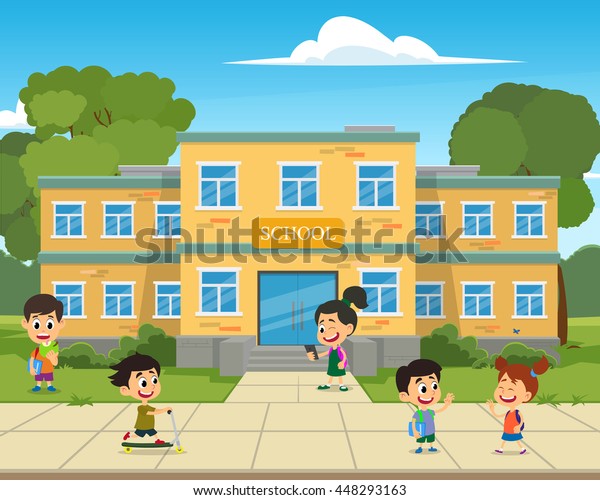 School Building Children Front Yard School Stock Vector (Royalty Free ...