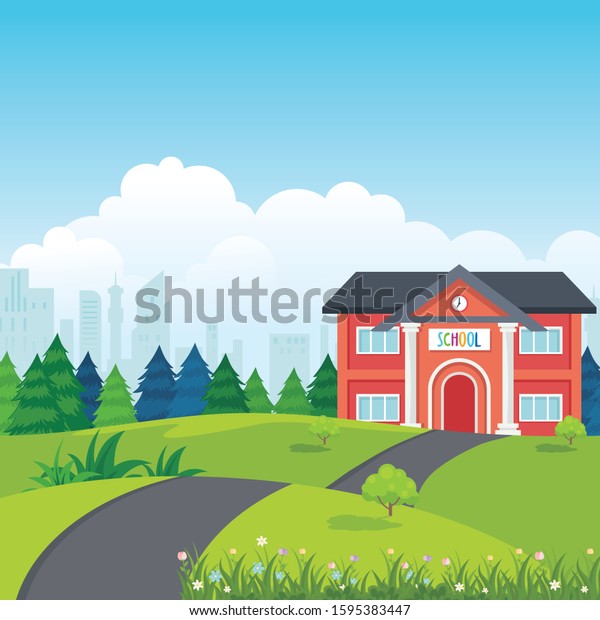 School Building Green Scenery Backyard Natural Stock Vector (Royalty ...