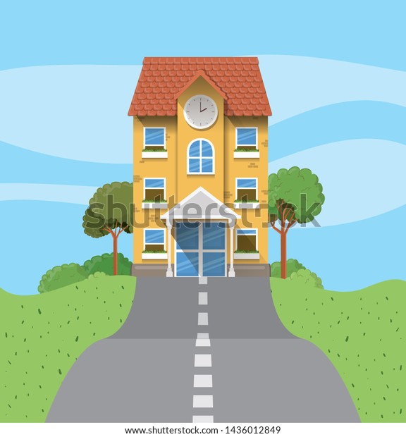 School Building Road Scene Stock Vector (Royalty Free) 1436012849 ...