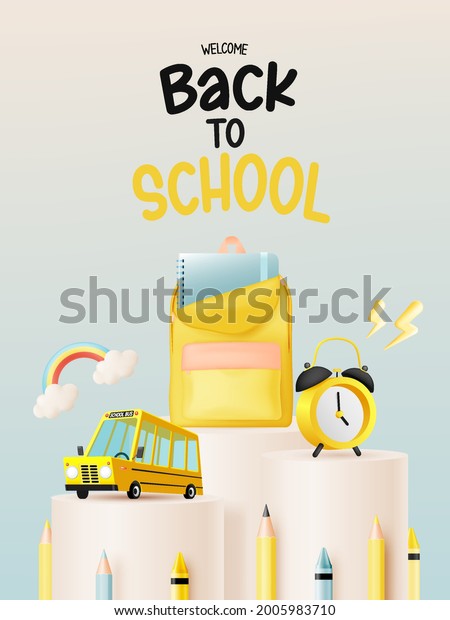 Schulbus 3D Art-Stil mit Schulbedarf Vektorgrafik: Stock-Vektorgrafik ...