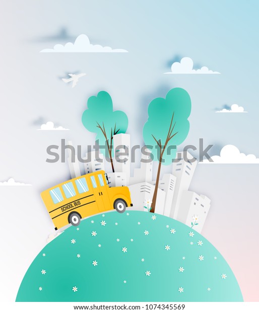 School Bus Paper Art Style Driving: เวกเตอร์สต็อก (ปลอดค่าลิขสิทธิ์ ...