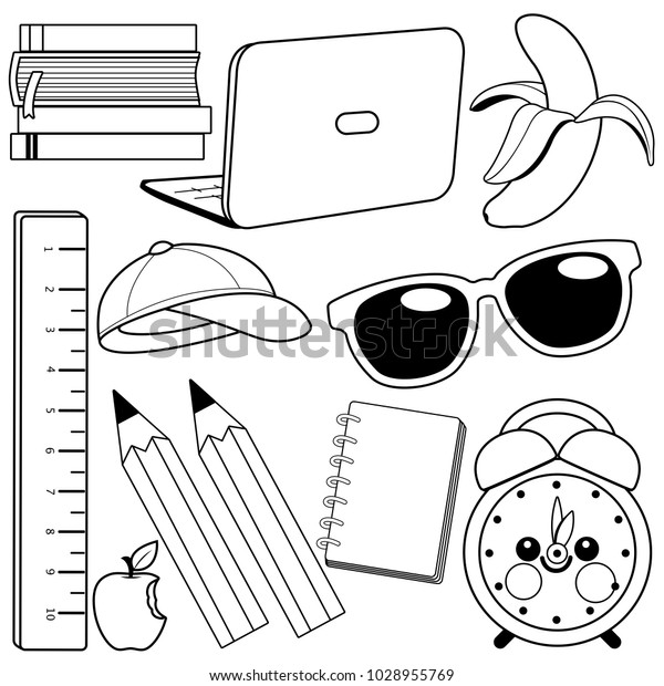 School Classroom Objects Vector Black White 스톡 벡터(로열티 프리) 1028955769 ...