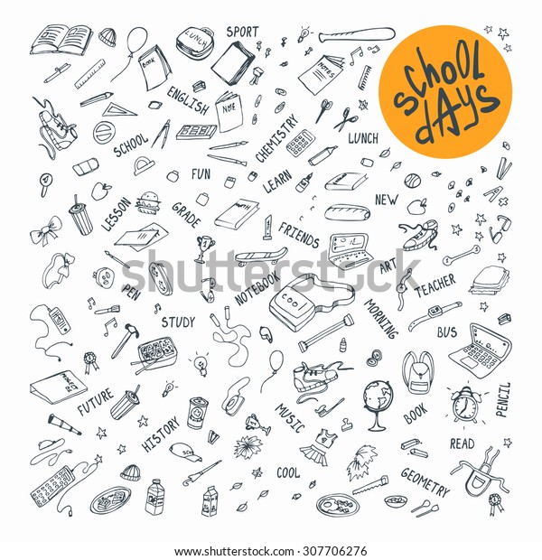 School days vector icons hand drawn set. Doodle collection for design.