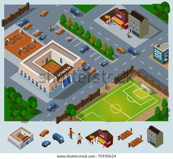 School Environment Set Very Detailed Isometric Stock Vector (Royalty ...