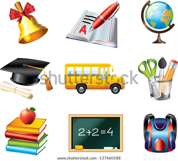 School Icons Detailed Vector Set Stock Vector (Royalty Free) 137660588 ...