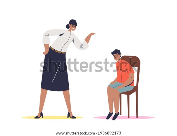 School principal scolding schoolboy. Strict female teacher or ...