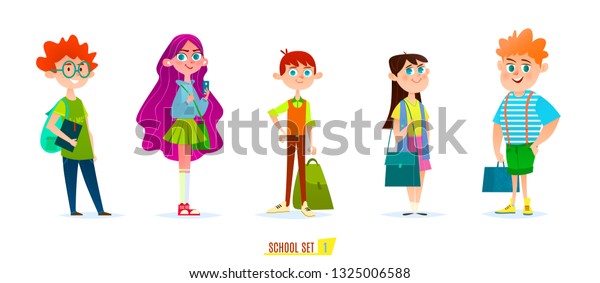 School Set Pupils Cartoon Style Illustration Stock Vector (Royalty Free ...