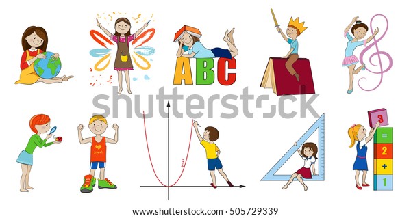 School subjects vector cartoon illustration, Math and english, music ...